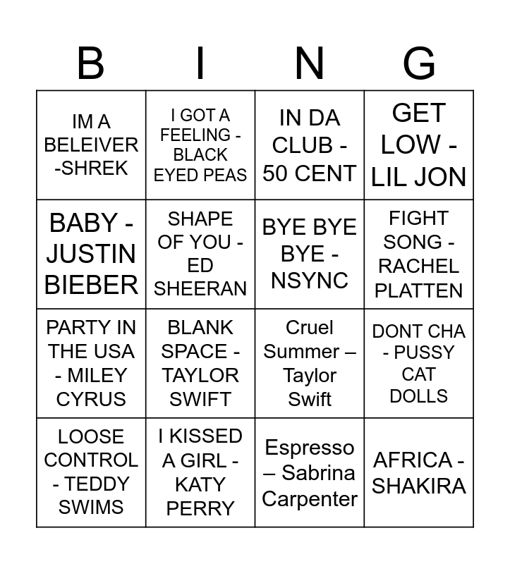 HIT SONGS Bingo Card