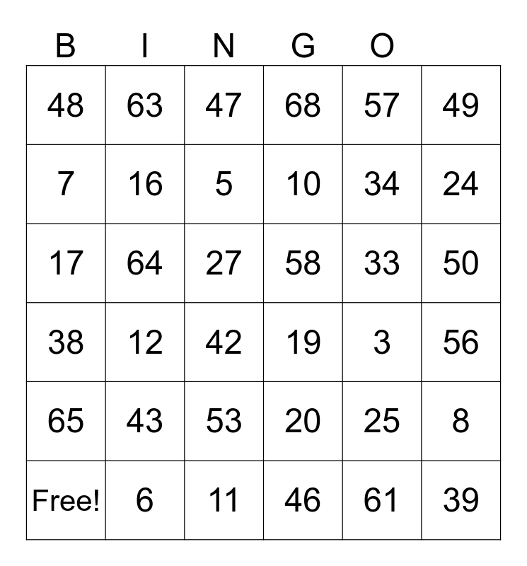 Number Bingo 1-69 Bingo Card