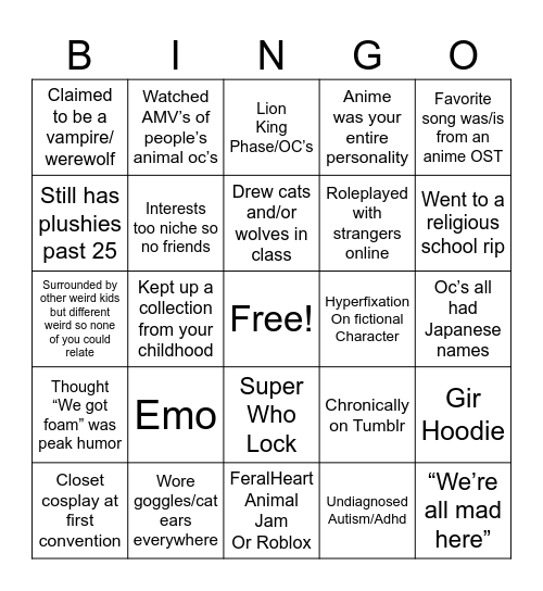 Adult Weird Kid Bingo Card