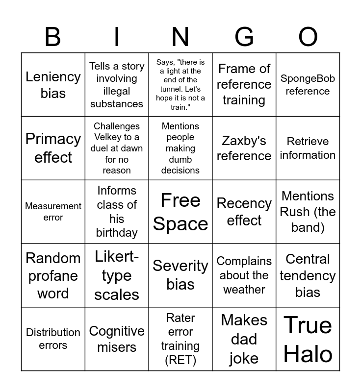 Performance Management Bingo Card