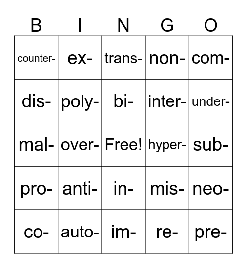Prefix Bingo Card