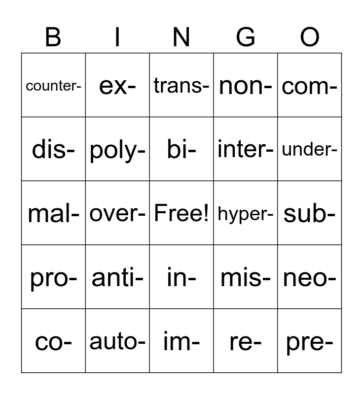 Prefix Bingo Card