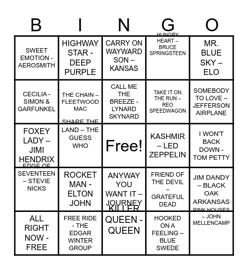 ROCK CLASSICS Bingo Card