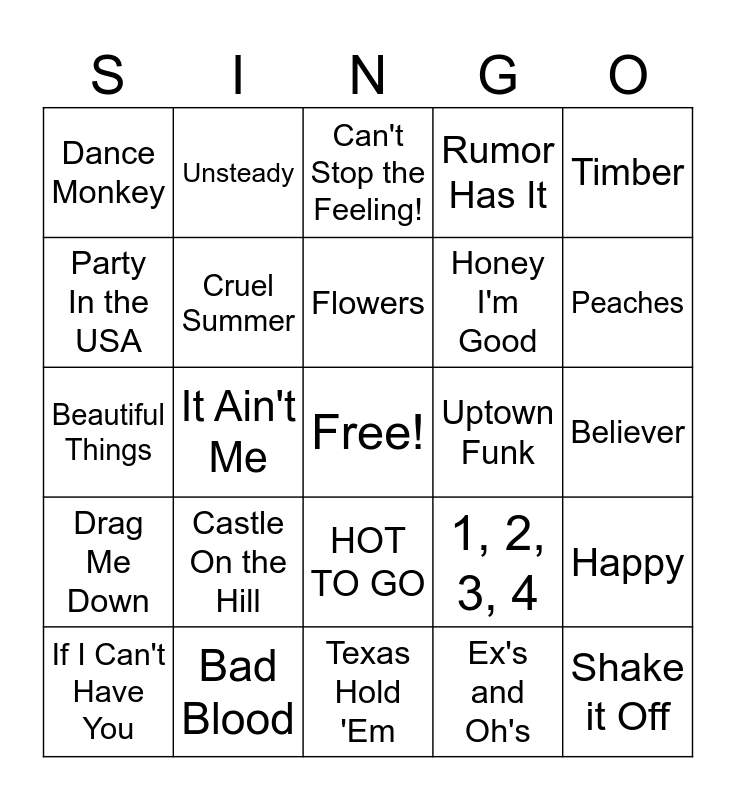 KIDZ BOP SINGO Bingo Card