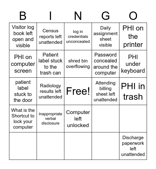 HIPAA HURRICANE Bingo Card