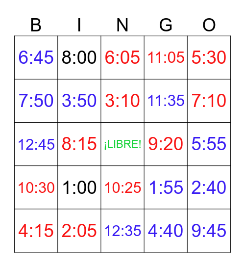 El reloj - ¿Qué hora es? Bingo Card