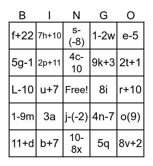 Substitution BINGO Card