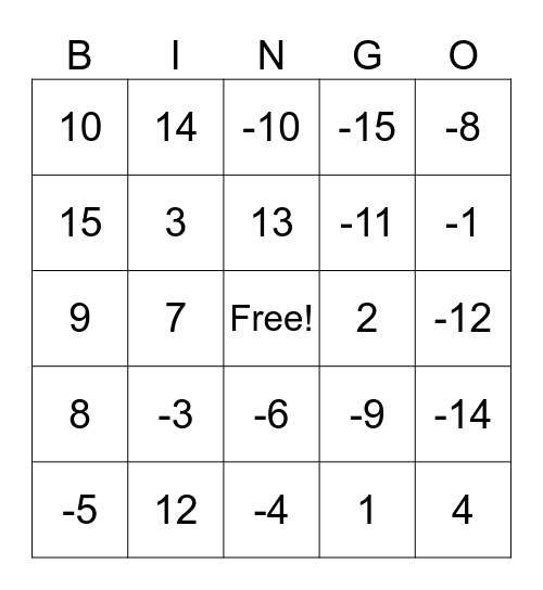 INTEGER BINGO Card