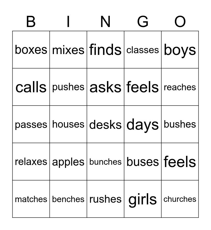 99 Suffixes -s, -es Bingo Card
