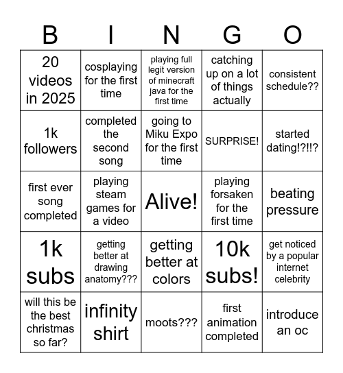 LATE personal 2025 bingo list Bingo Card