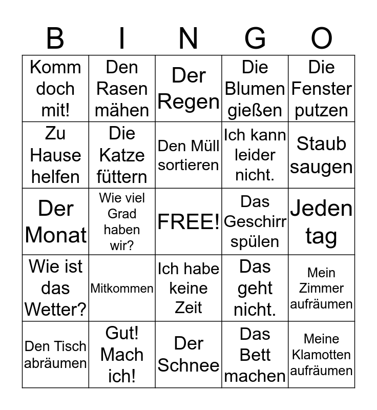 Chapter 7 Deutsch Bingo Card