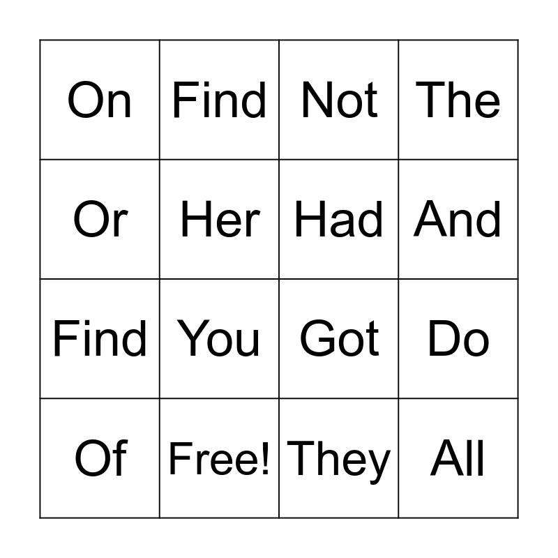 Snap Word Bingo Card