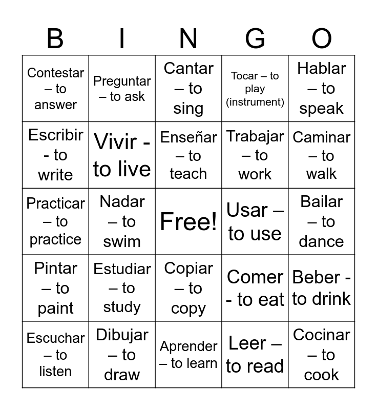 Spanish Regular Verbs Bingo Card