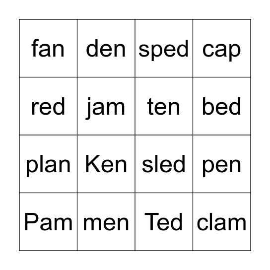 BB Rhyming Words Bingo Card