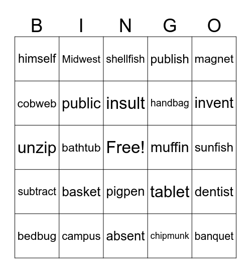 Two Syllable Short Vowel Words Bingo Card