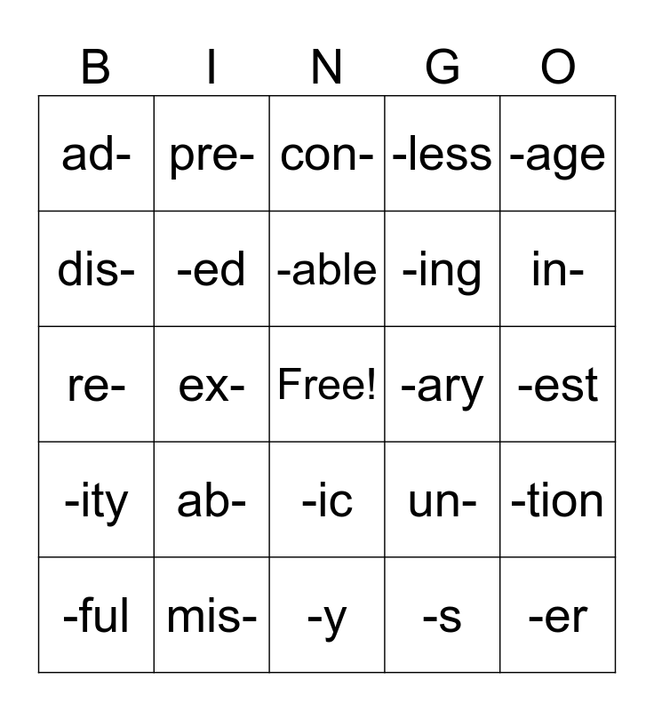 4th Grade Prefixes and Suffixes Bingo Card