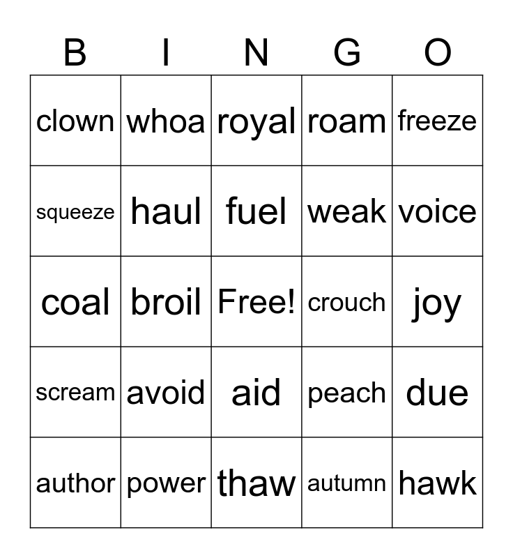 Dipthongs and Vowel Teams II Bingo Card