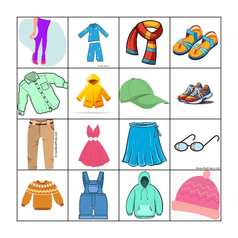 Les vêtements Bingo Card