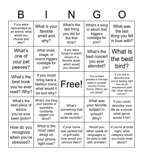 Mental Health Bingo Card