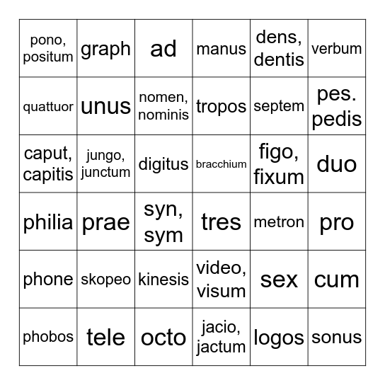 GREEK & LATIN WORD ROOTS Bingo Card