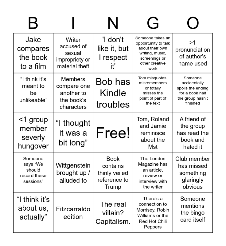 Roland's Books Club Official Bingo Card