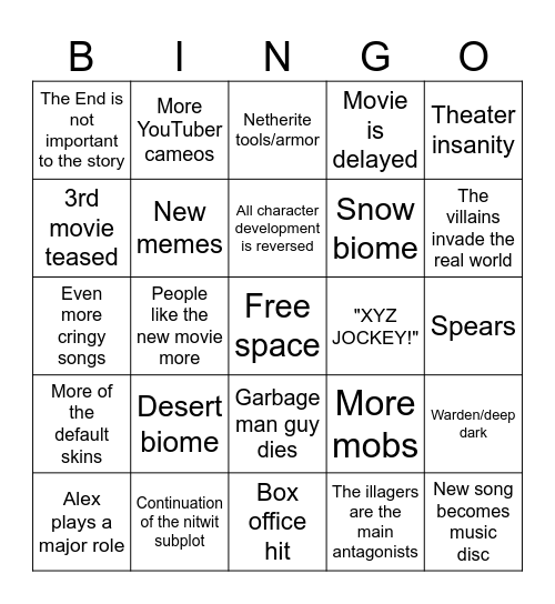 Minecraft Movie 2 Bingo Card