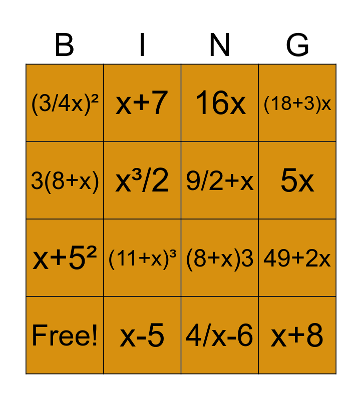 Expressions Bingo Card