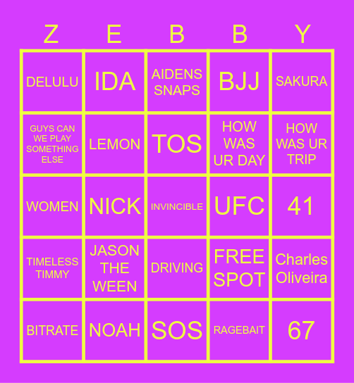 ZEBBY BINGO Card