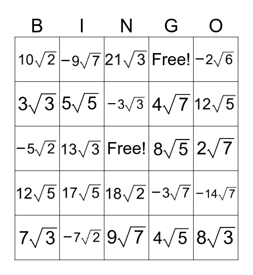 Add or Subtract Radicals Bingo Card