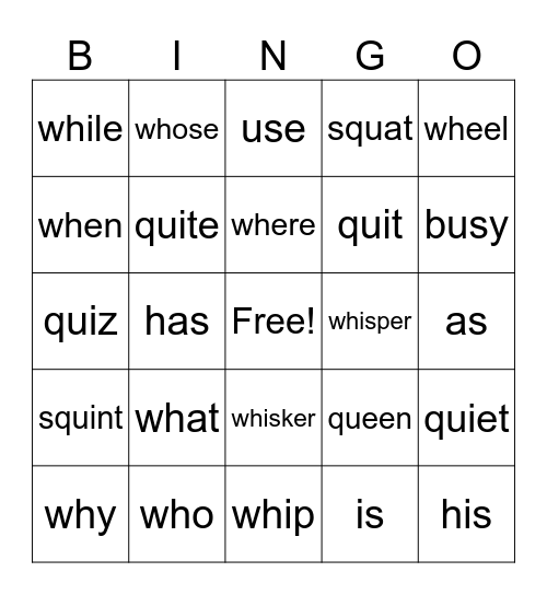 wh /hw/, qu /kw/, s /s/ /z/ words Bingo Card