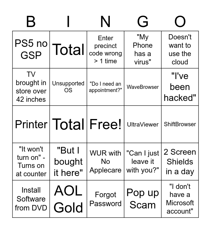 Geek Squad Bingo Card