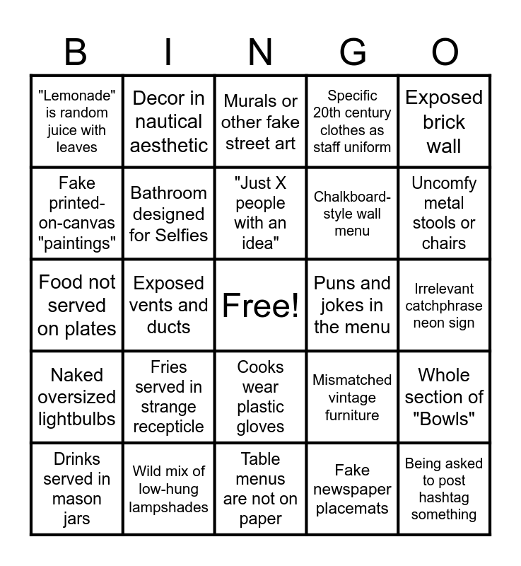Mainstream Milennial Restaurant Bingo Card
