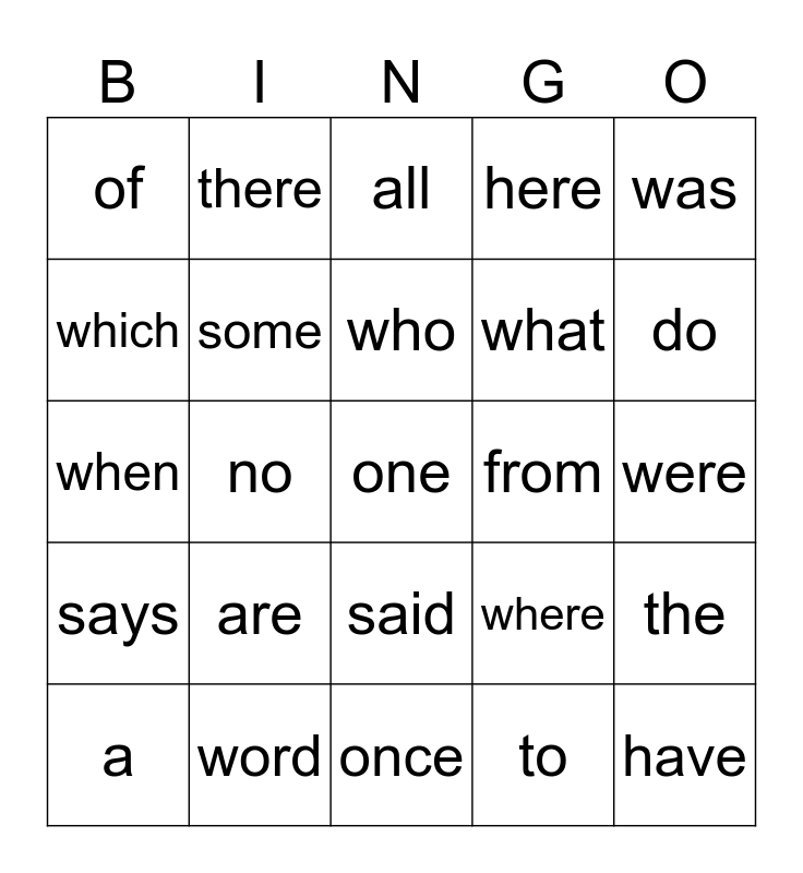 Tricky Word Bingo Card