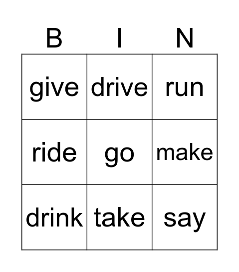 Irregular verb Bingo Card