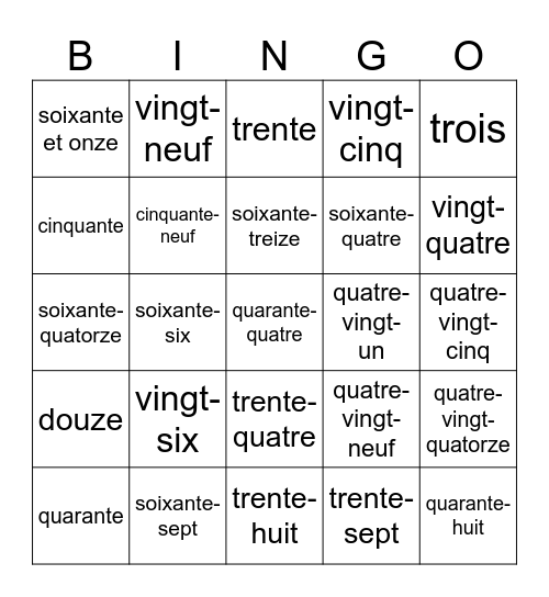Les nombres de 0 à 100 Bingo Card