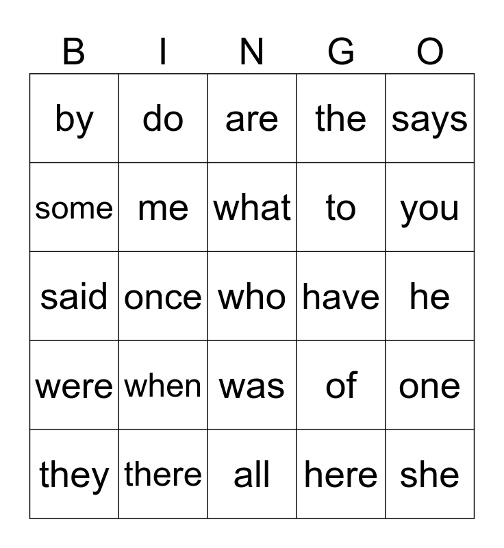 Tricky Word Bingo Card