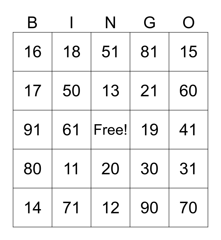 Teen or Ty? Bingo Card