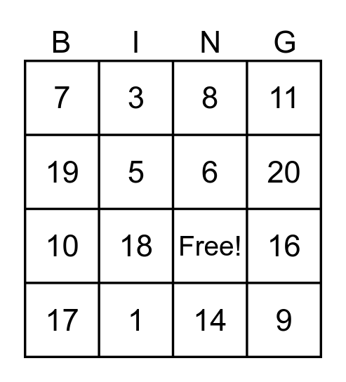 Number Bingo 61-80 Bingo Card