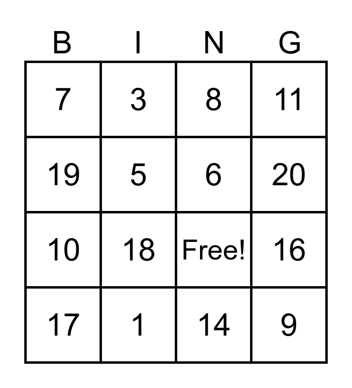 Number Bingo 61-80 Bingo Card