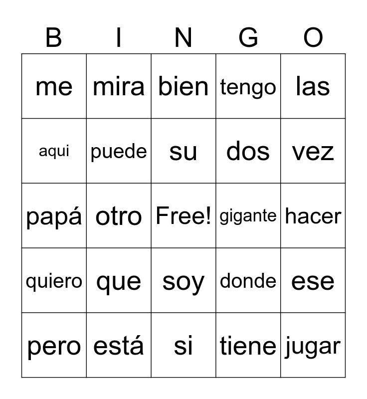 PALABRAS FRECUENTES BINGO Card