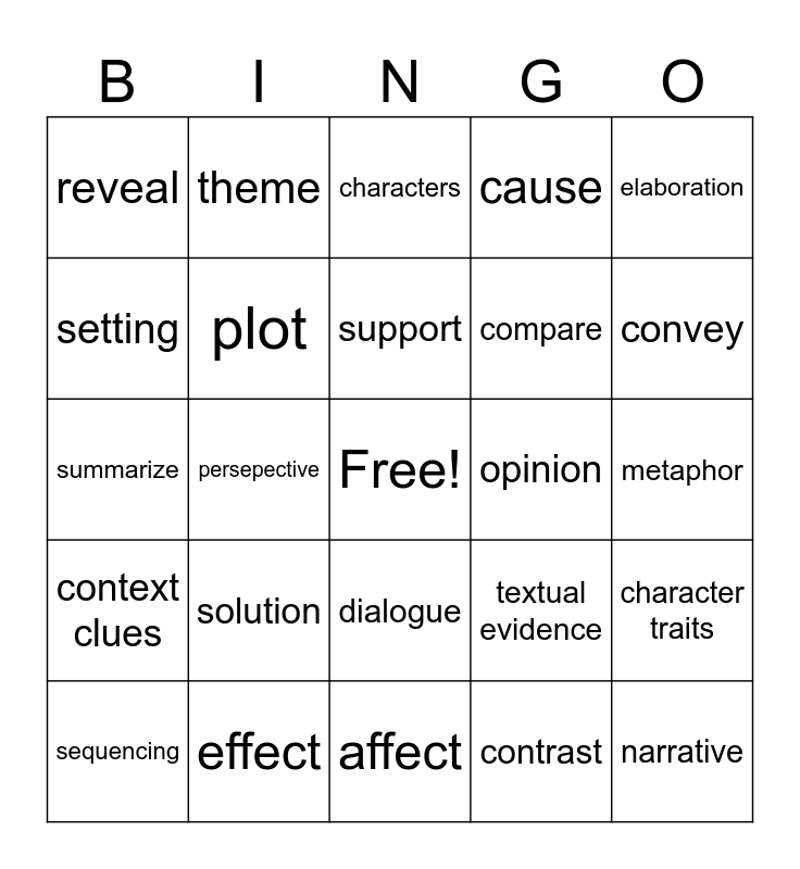 Ms. Hatter's Reading Skill Bingo Card