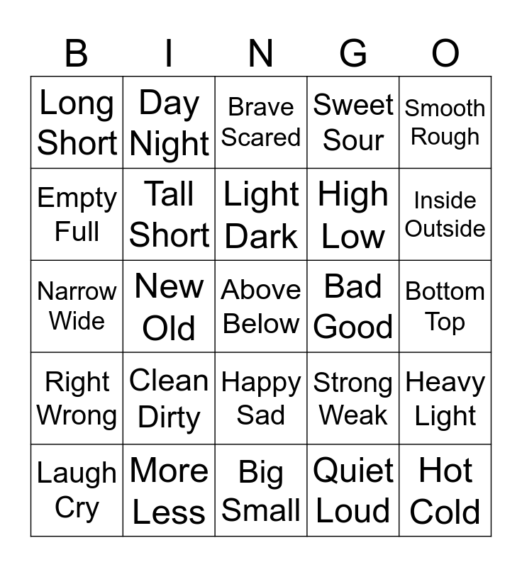 Opposites words Bingo Card