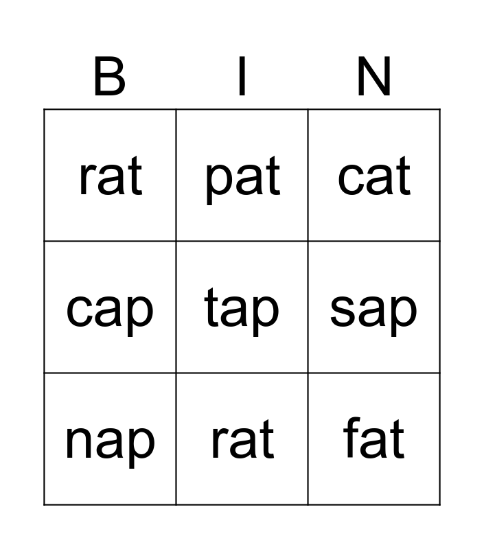 Short A Bingo Card