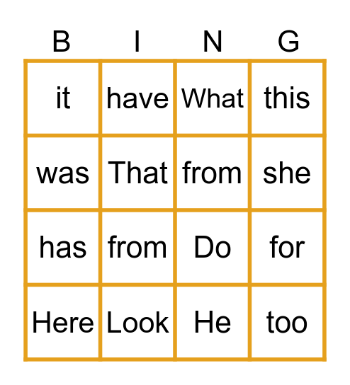 Sight Word Bingo Card