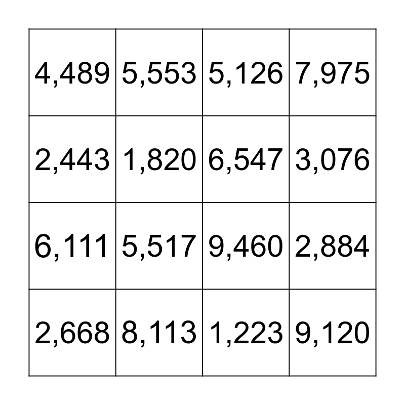 大きい数字ビンゴ Big numbers Bingo Card