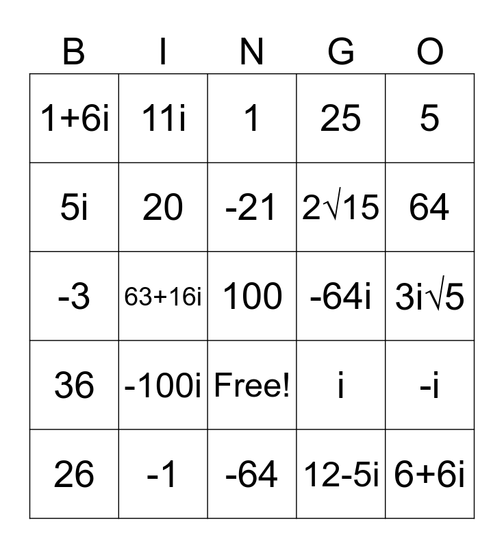 Imaginary and Complex # Bingo Card