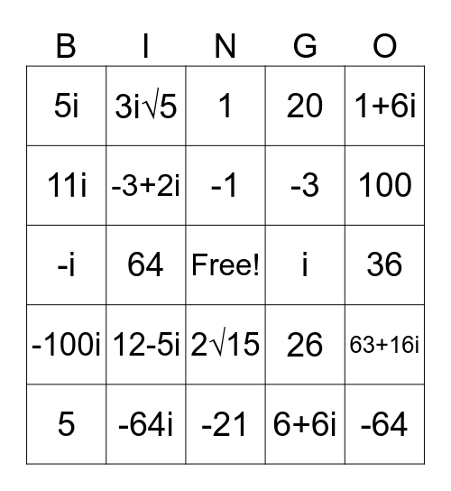 Imaginary Number Bingo Card