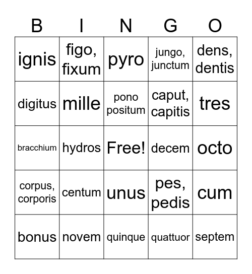 Latin & Greek Word Roots 26-50 Bingo Card