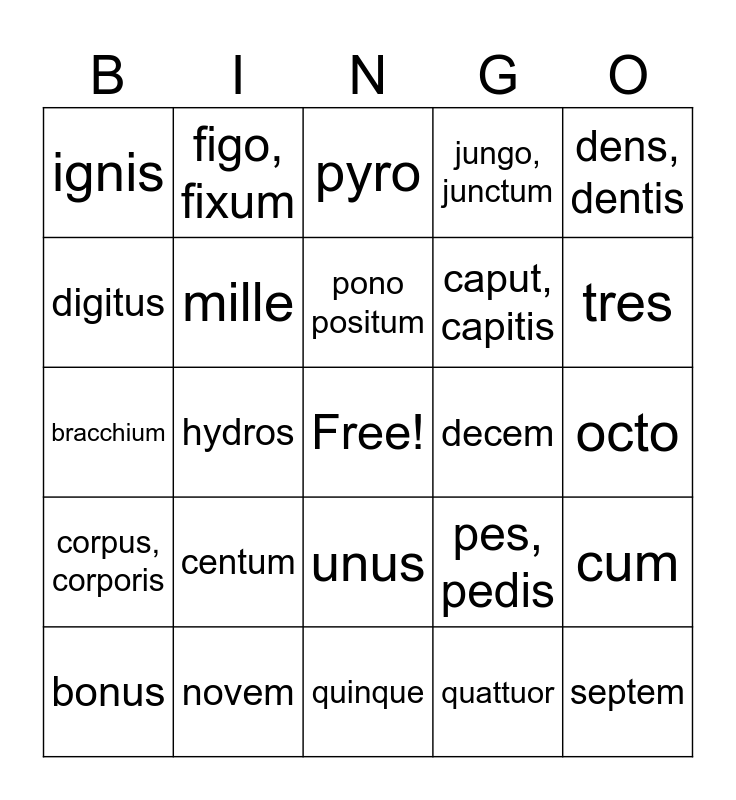 Latin & Greek Word Roots 26-50 Bingo Card