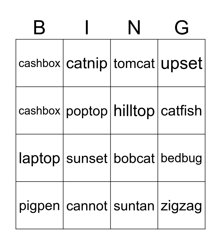 Compound Words (closed syllables) Bingo Card